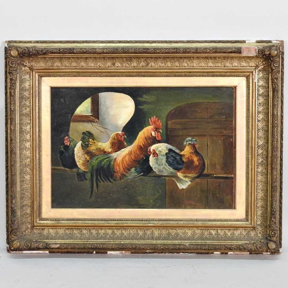 Lot 128 - C. Sauer, 20th century, chickens perched in