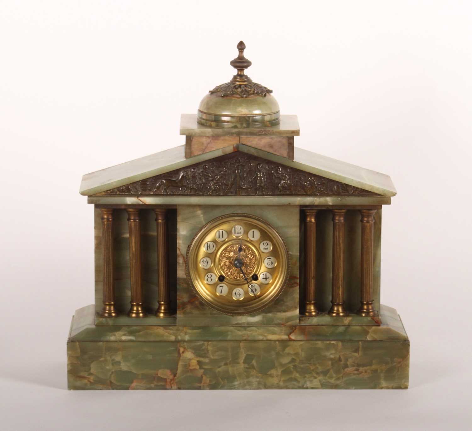 Lot 220 - A late 19th century green onyx mantel clock,