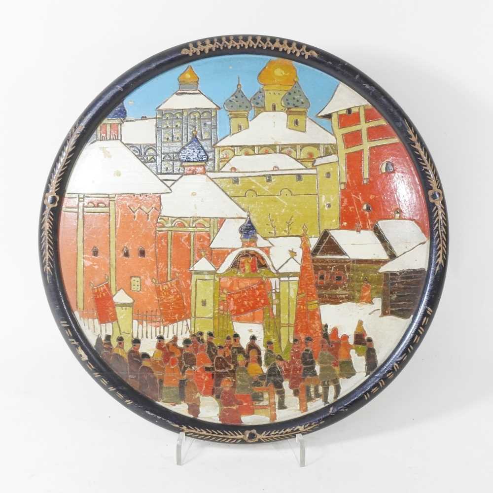 Lot 565 - A Russian folk art lubki plaque, decorated
