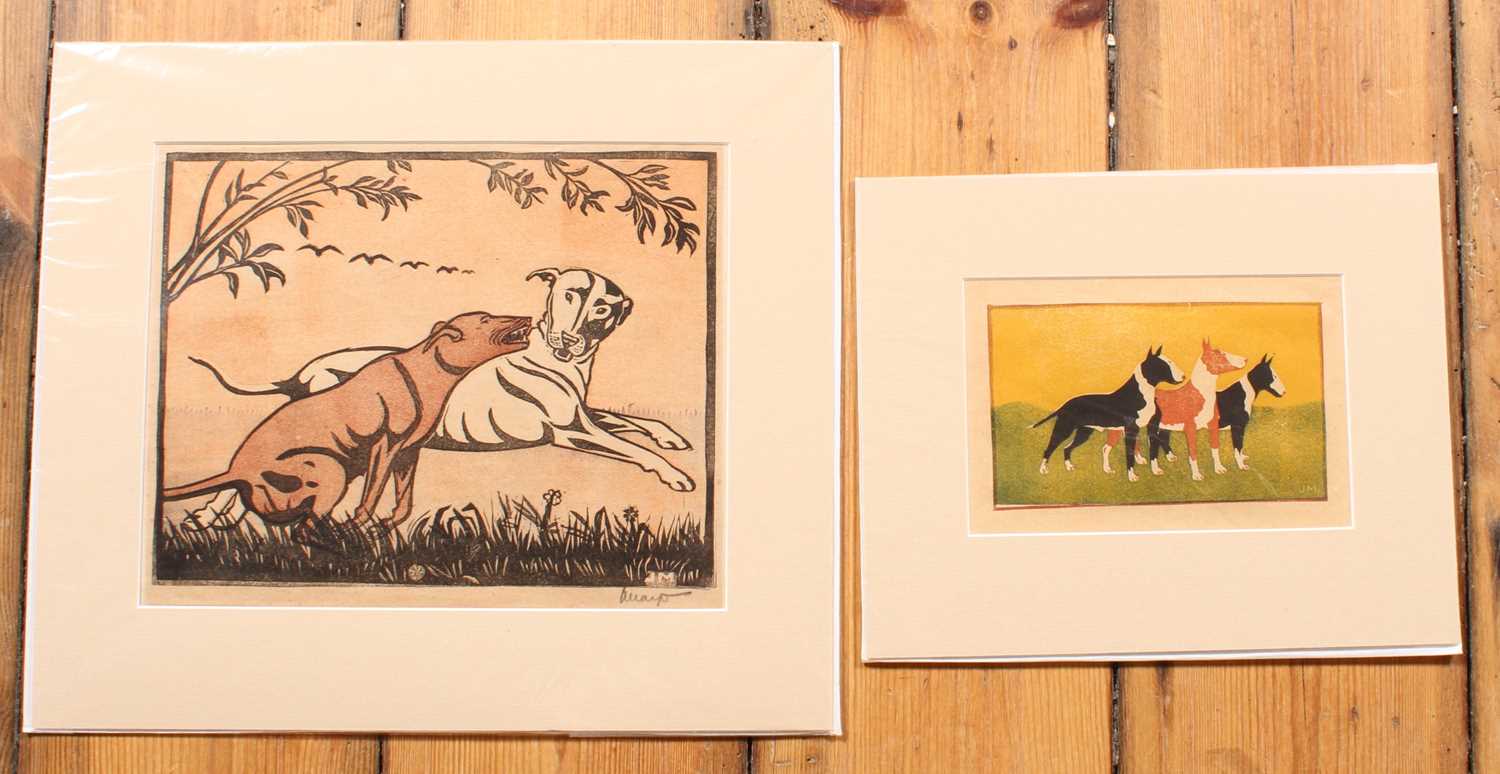 Lot 325 - JM, 20th century, study of dogs, woodcut,